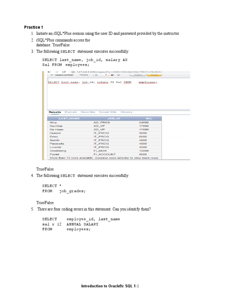 Practice 1: Introduction To Oracle9i: SQL 1 | PDF | Sql | Oracle Database