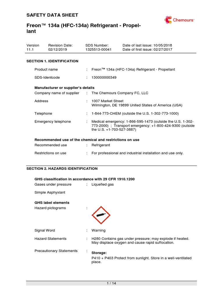 134a MSDS | PDF | Dangerous Goods | Toxicity