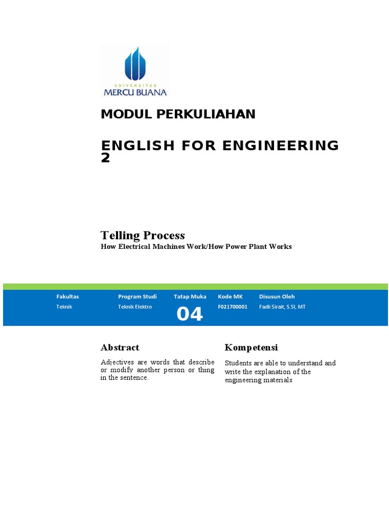 English For Engineering 2: Modul Perkuliahan | PDF | Electric Motor ...
