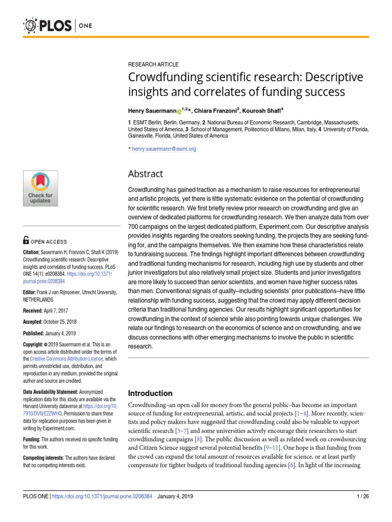 Crowdfunding Scientific Research: Descriptive Insights and Correlates ...