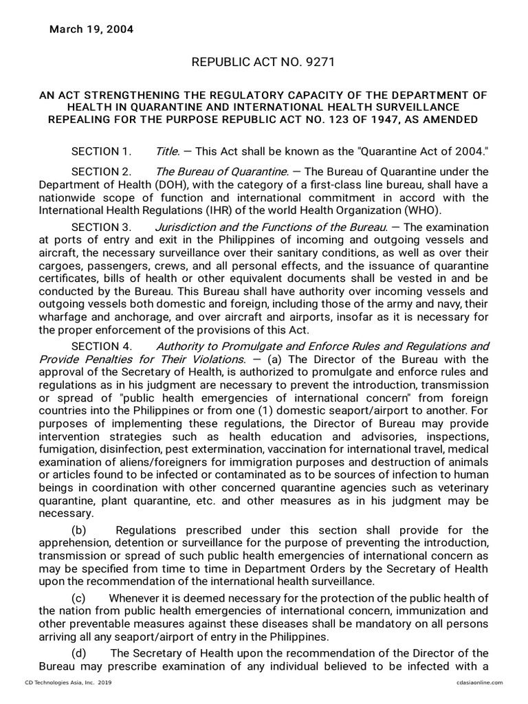 Republic Act No. 9271: Title The Bureau of Quarantine | PDF ...