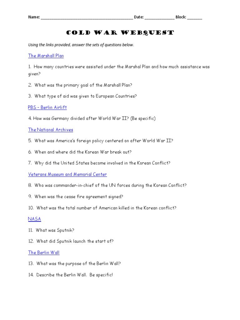 Cold War Webquest: Using The Links Provided, Answer The Sets of ...