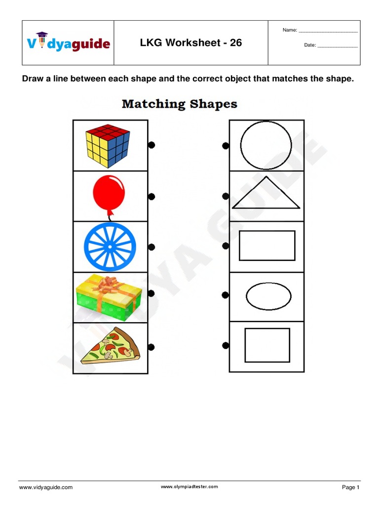 LKG Worksheet - 26: Draw A Line Between Each Shape and The Correct ...
