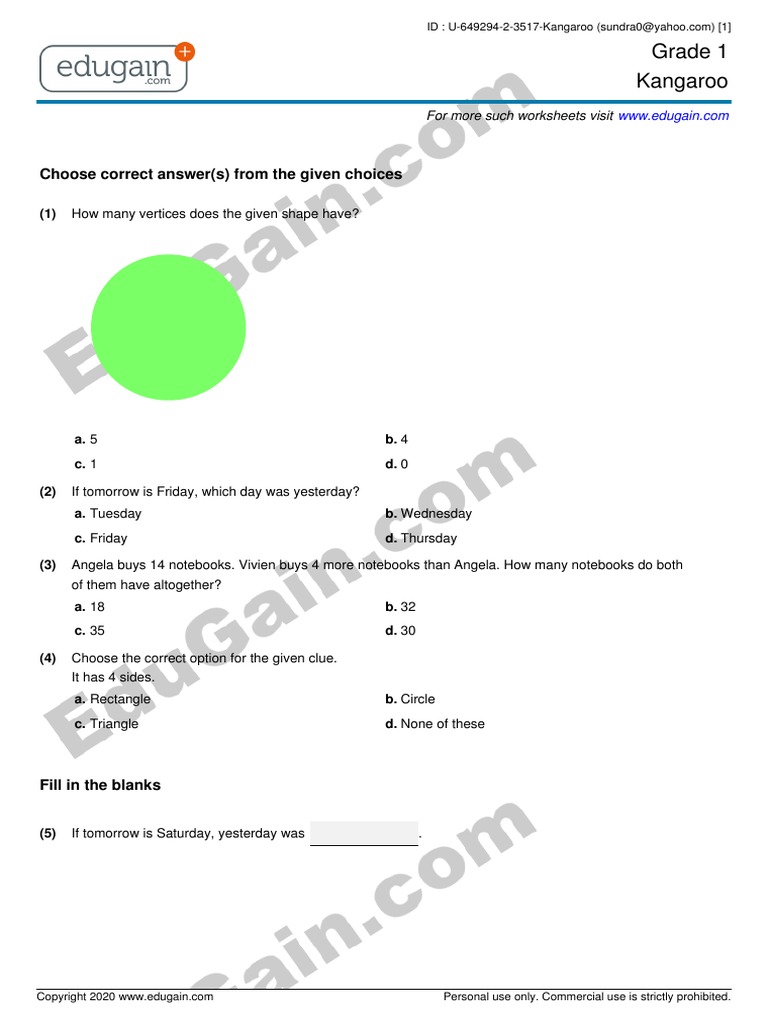 Grade 1 Kangaroo: Choose Correct Answer(s) From The Given Choices | PDF ...