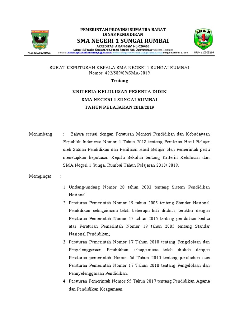 Kriteria Kelulusan SMA Negeri 1 Sungai Rumbai | PDF | Karier ...