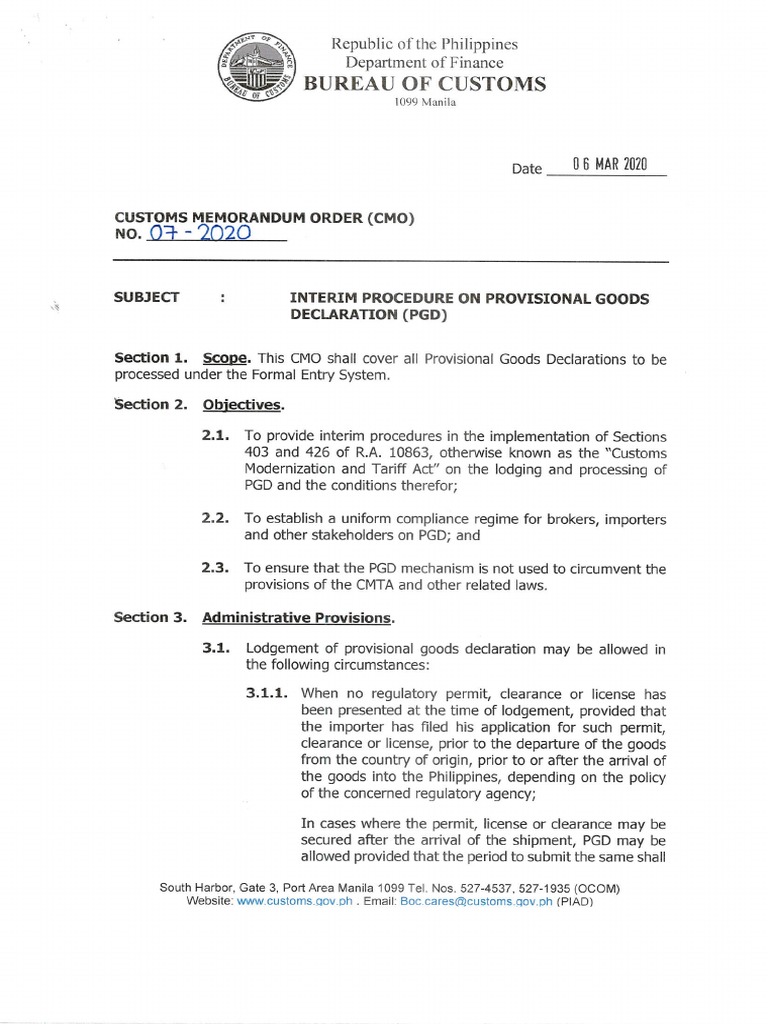 CMO-07-2020 Provisional Goods Declaration Withannex PDF | PDF