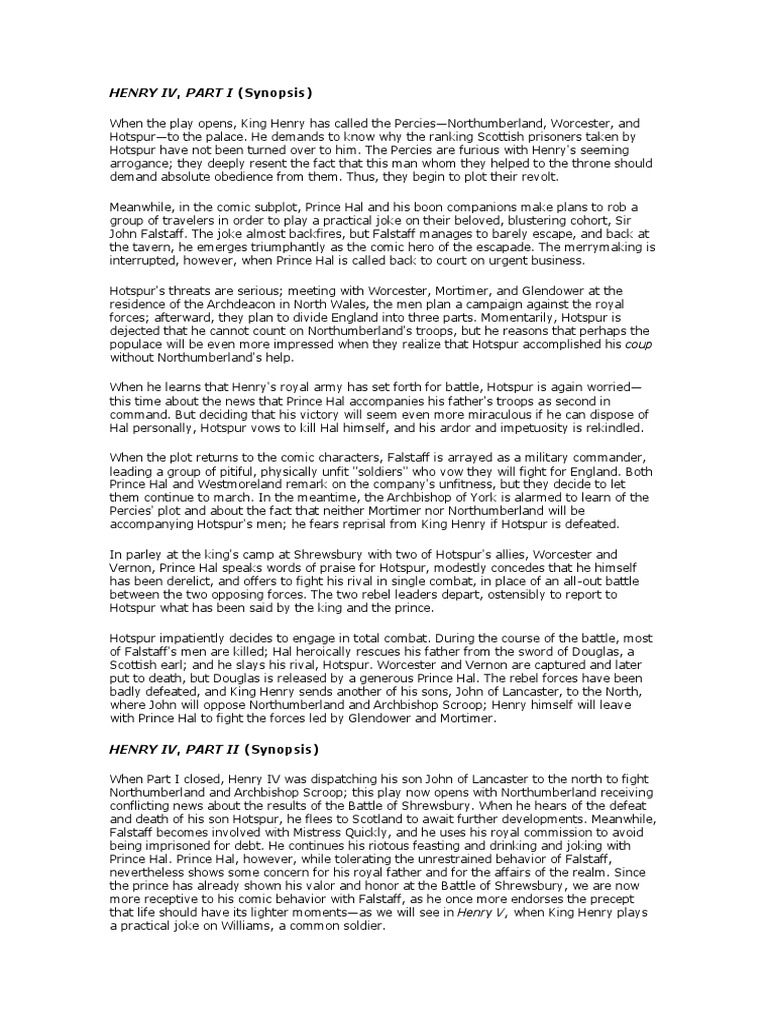 HENRY IV, PART I (Synopsis) | PDF | Henry Iv, Part 1 | Falstaff