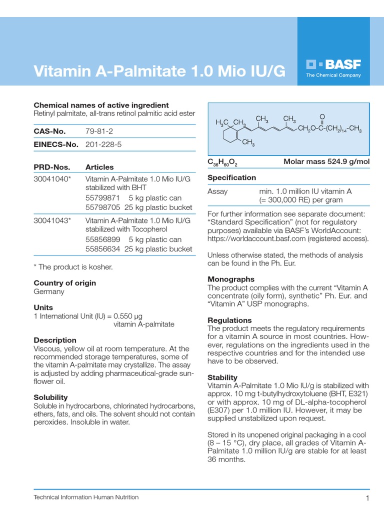 Vitamin A-Palmitate 1.0 Mio IU/G: Technical Specifications and ...