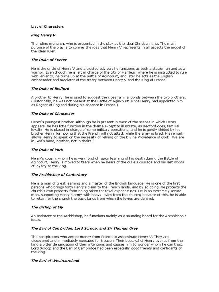 List of Characters Henry V | PDF | Henry V Of England | Battle Of Agincourt