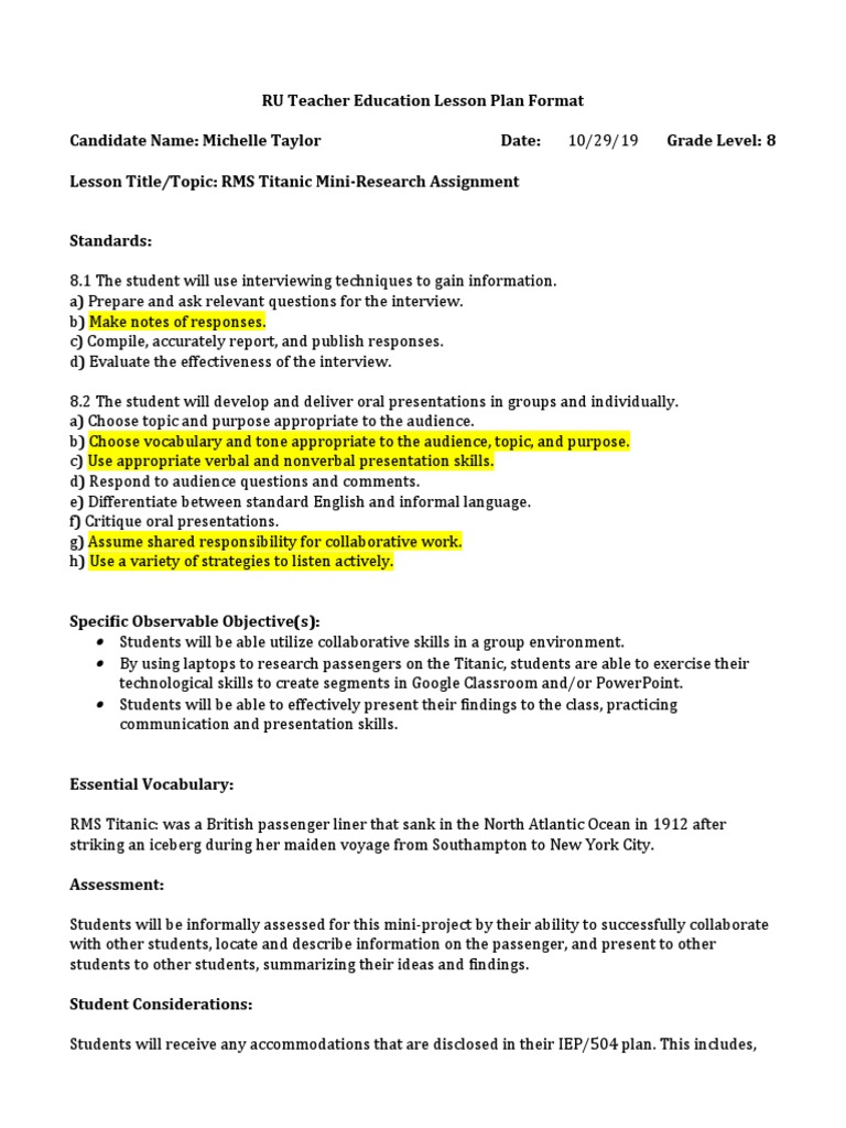 RU Teacher Education Lesson Plan Format Candidate Name: Michelle Taylor ...
