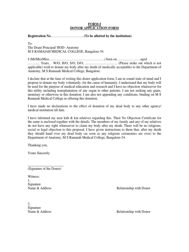 Body Donation Form | PDF | Organ Donation | Death Certificate