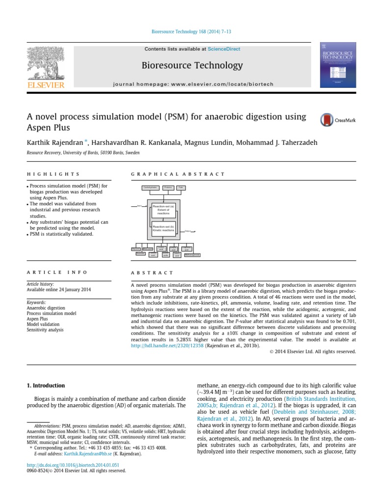 A Novel Process Simulation Model (PSM) For Anaerobic Digestion Using ...