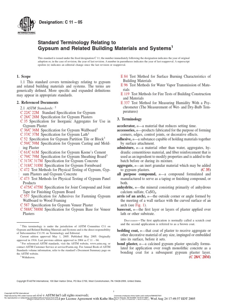 Astm C 11 - 05 | PDF | Plaster | Drywall