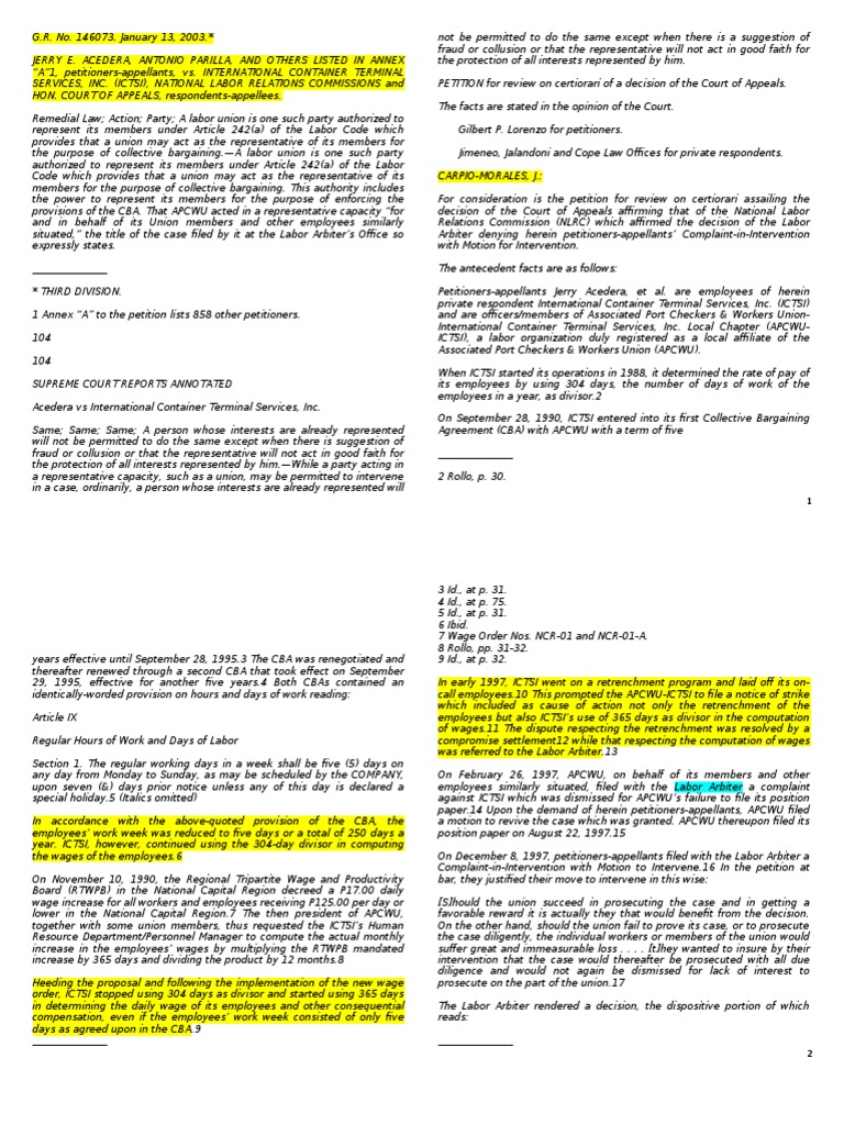 Acedera V International Container Terminal Services | PDF | Intervention (Law) | Certiorari