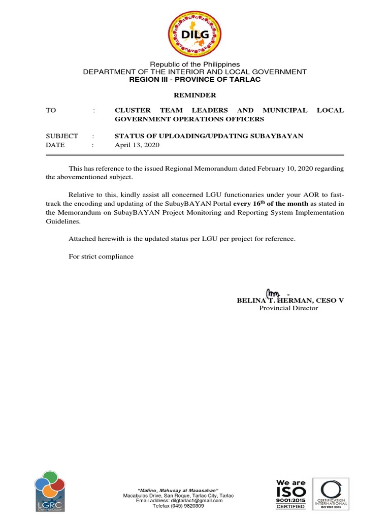 Reminder-Of-Uploading Updating of Subaybayan Portal | PDF