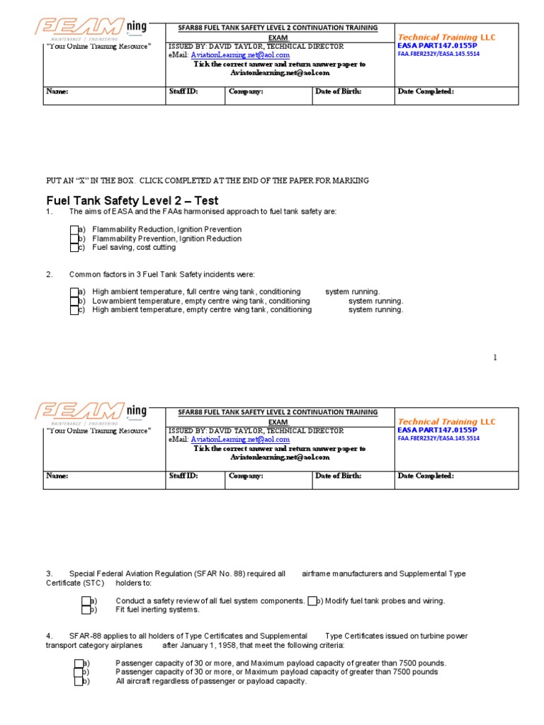 Sfar 88 Fuel Tank Safety Level 2 - Test 2018 | PDF | Aviation | Transport