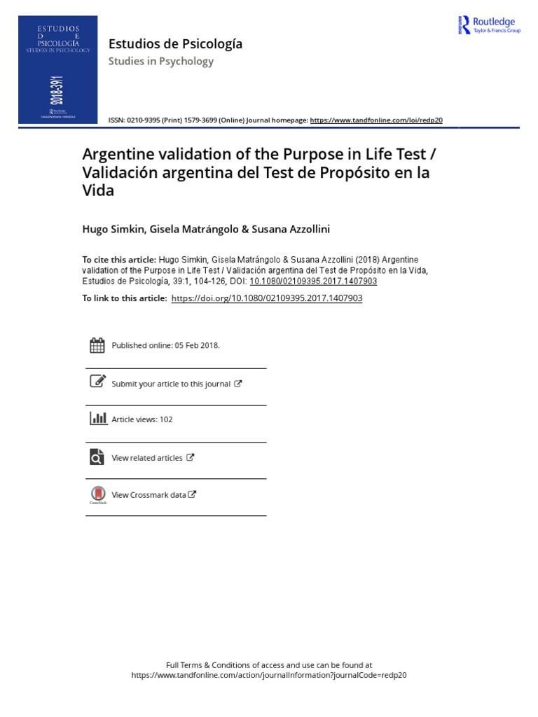 Argentine Validation of The Purpose in Life Test / Validación Argentina ...