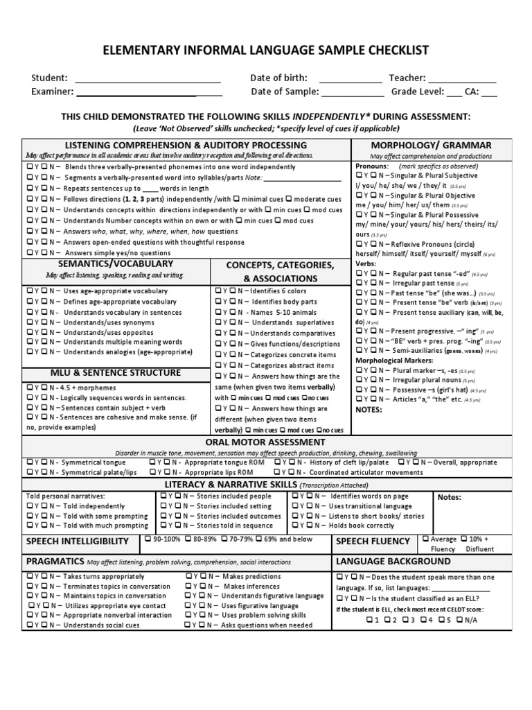 Elementary Informal Language Sample Checklist | PDF | Grammatical Tense ...