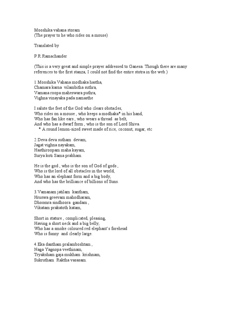 Mooshika Vahana Stotram | PDF | Hindu Mythology | Hindu Literature