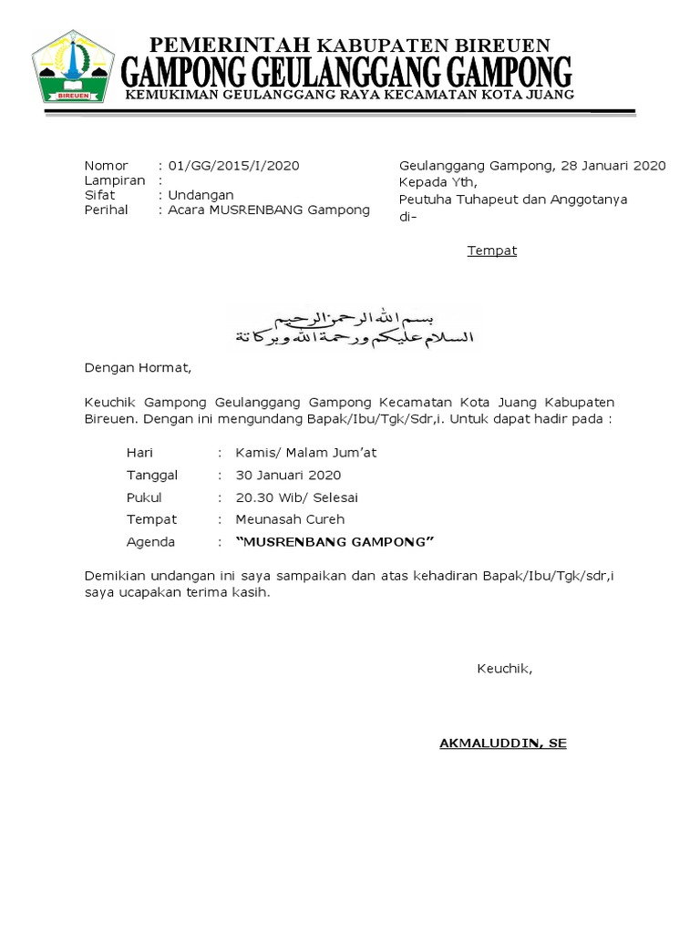 Undangan Musrenbang Gampong 2020 | PDF