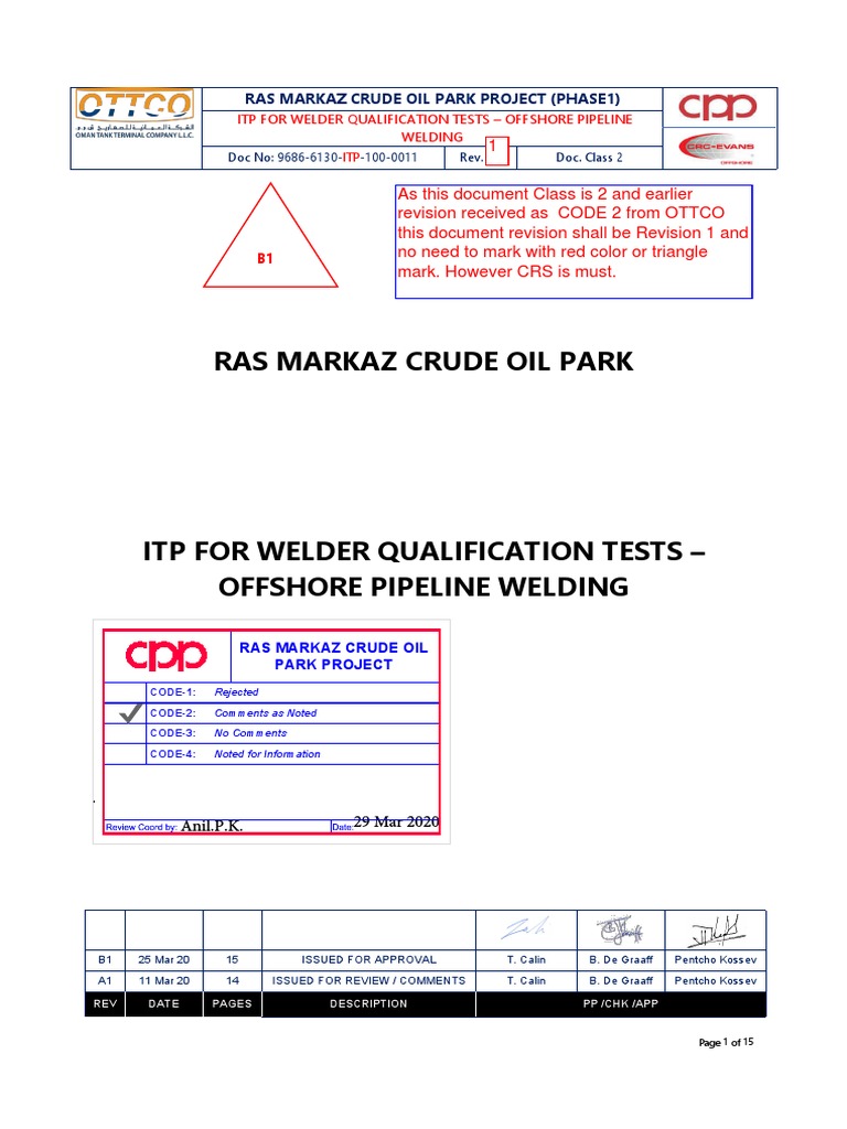 31-3 ITP for Welder Qualification Tests - Offshore Pipeline Welding ...