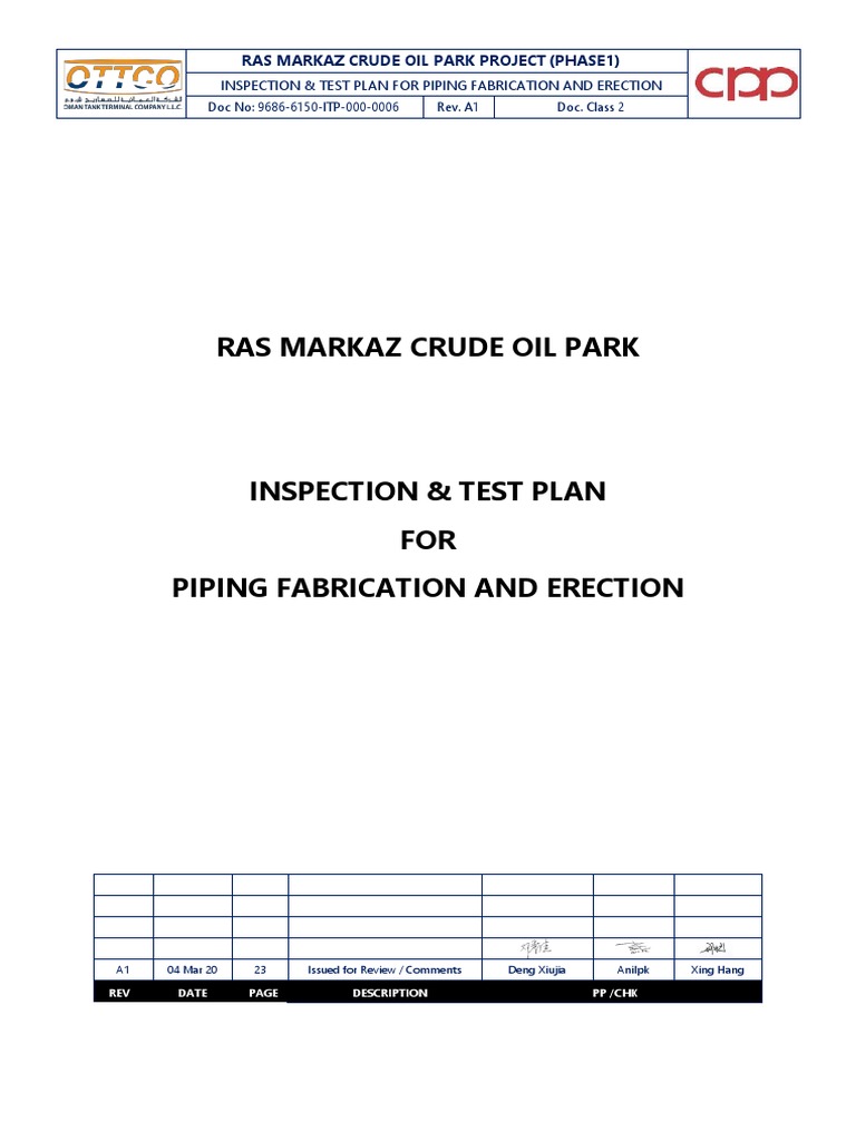 9686-6150-ITP-000-0006 - A1 ITP For Piping Fabrication and Erection ...