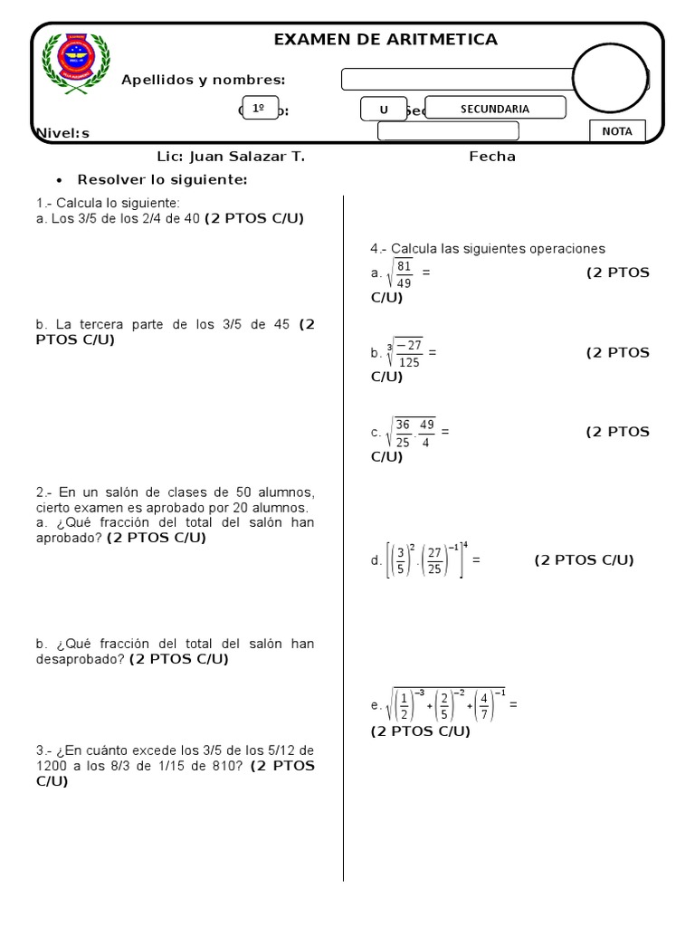 EXAMEN Arit 1RO Octubre | PDF