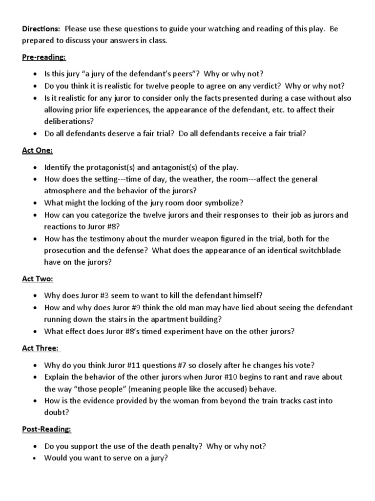 Twelve Angry Men Study Guide Questions | PDF