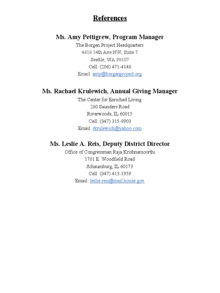Contact Information for Key References | PDF
