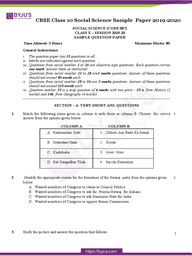 CBSE Class 10 Social Science Sample Paper 2019 2020 | PDF