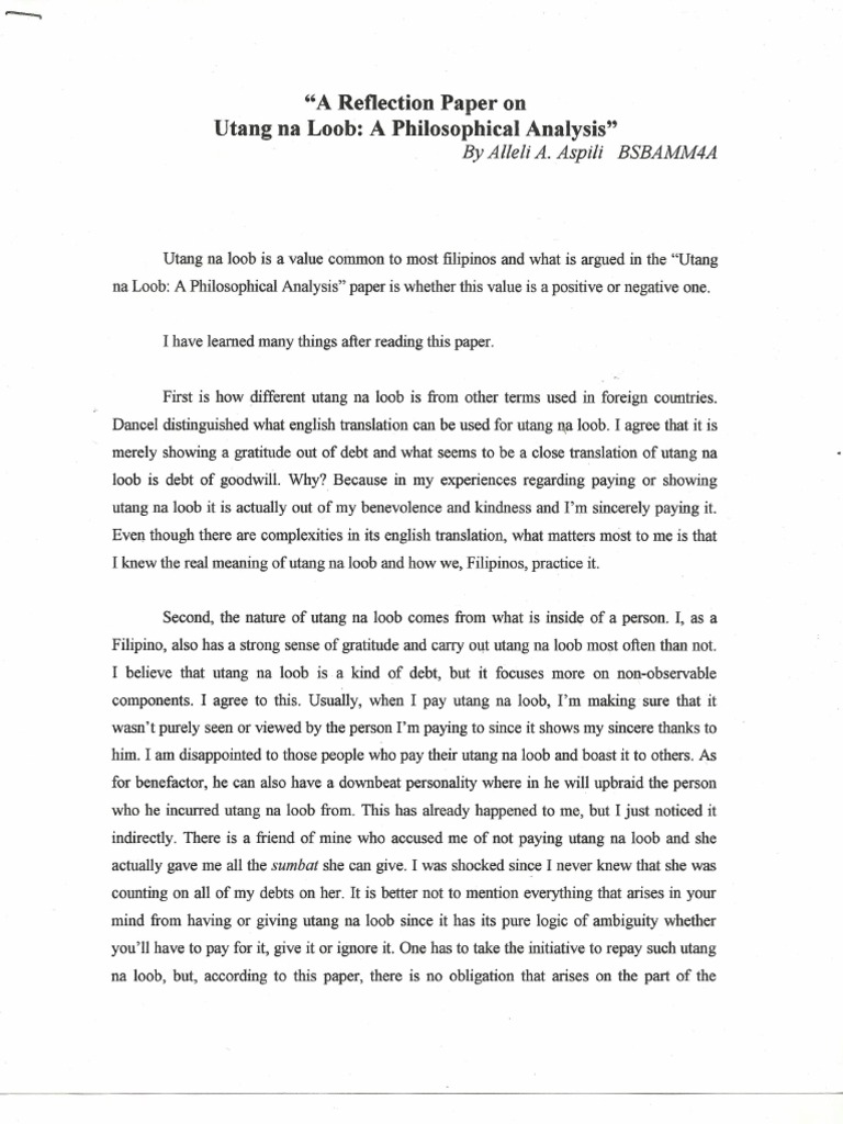 UTANG NA LOOB - Ms. Aspili - Reflection Paper | PDF