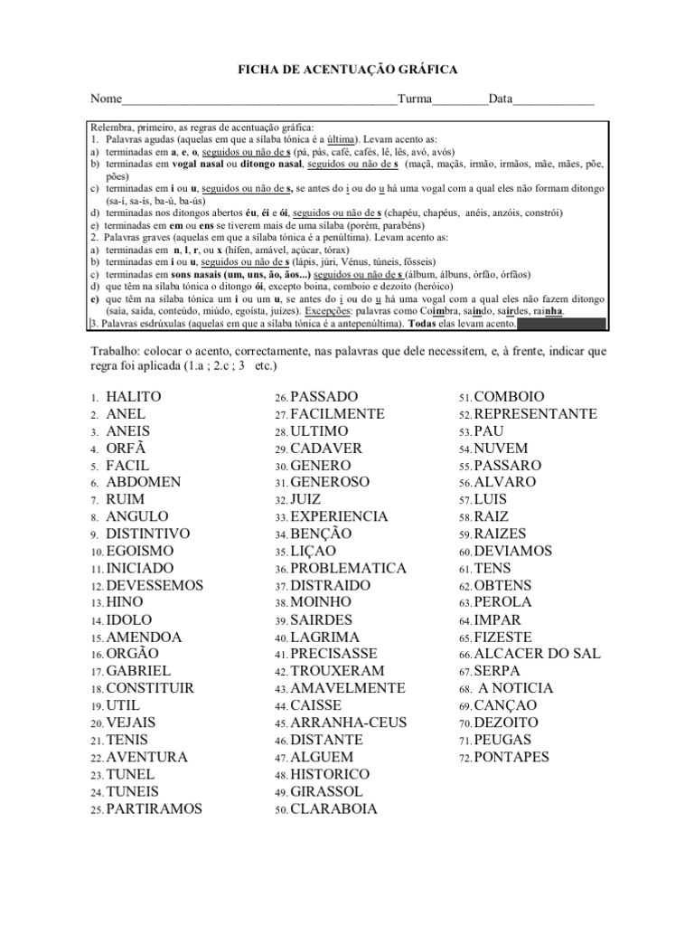Lista de Palavras Acentuadas | PDF | Sílaba | Estresse (Linguística)