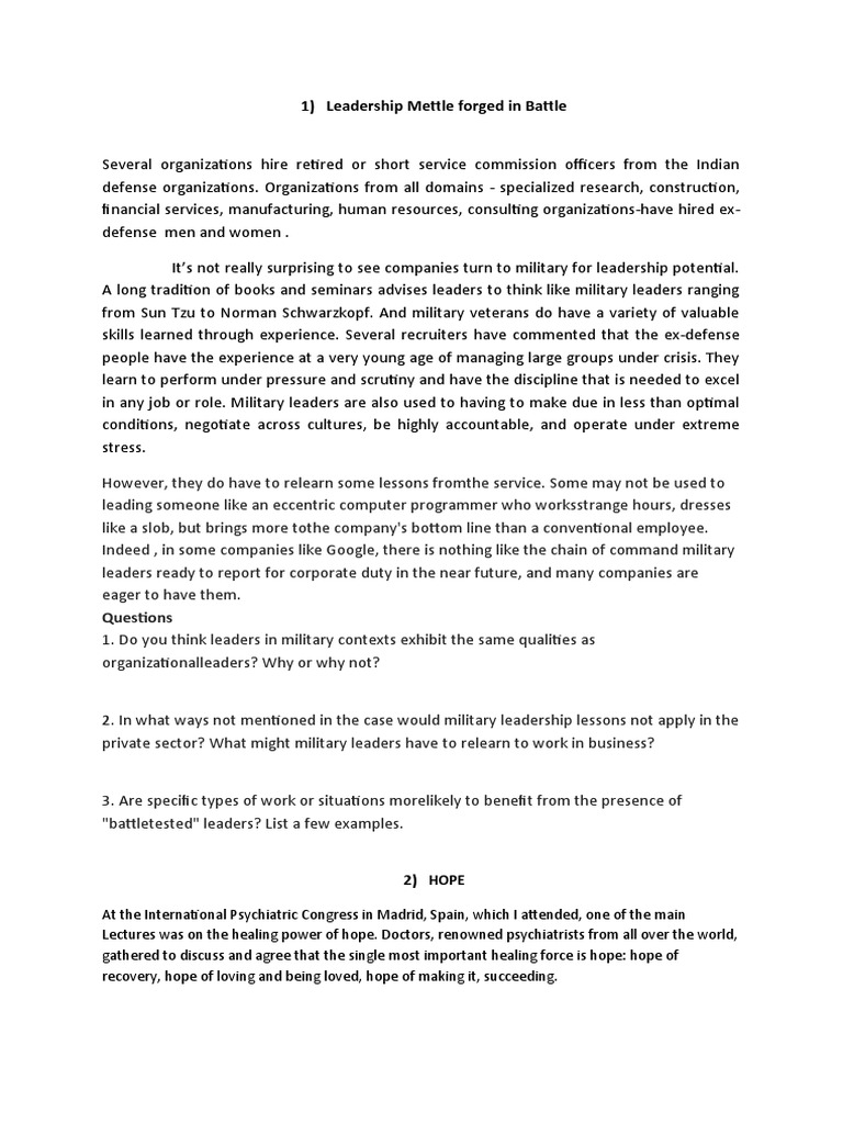 1) Leadership Mettle Forged in Battle: Questions | PDF | Nonviolence | Gang