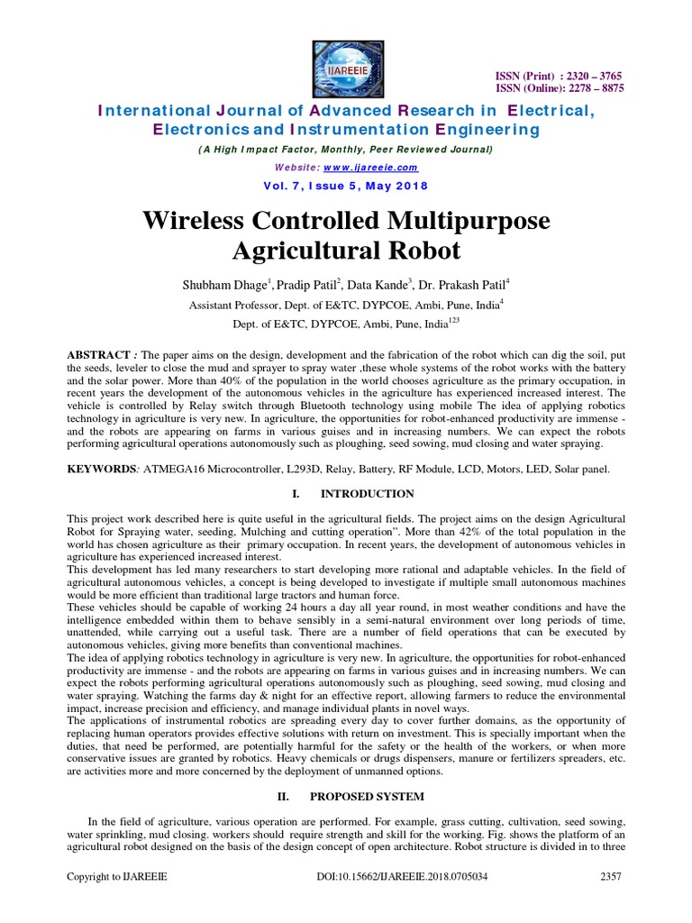 Wireless Controlled Multipurpose Agricultural Robot | PDF | Electric Motor | Agriculture