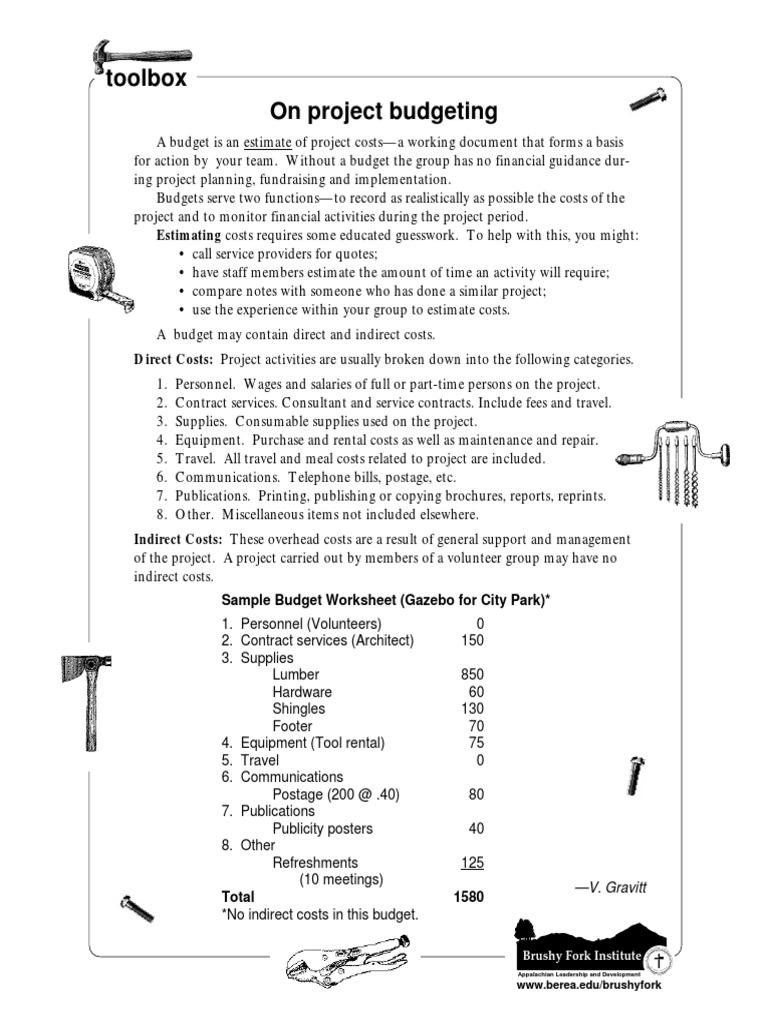 Toolbox On Project Budgeting: Sample Budget Worksheet (Gazebo For City ...