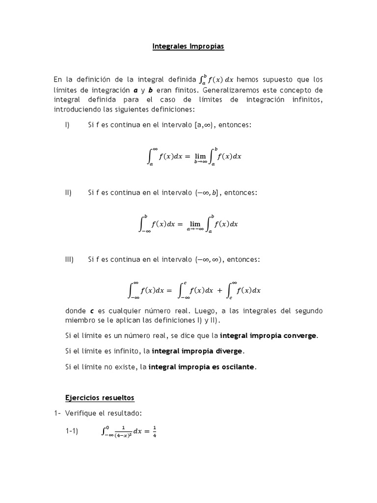 Ejercicios Resueltos de Integrales Impropias | PDF | Integral | Límite ...