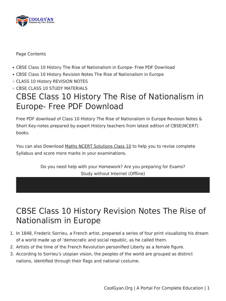 History-The Rise of Nationalism in Europe Class 10 Notes Social Science ...