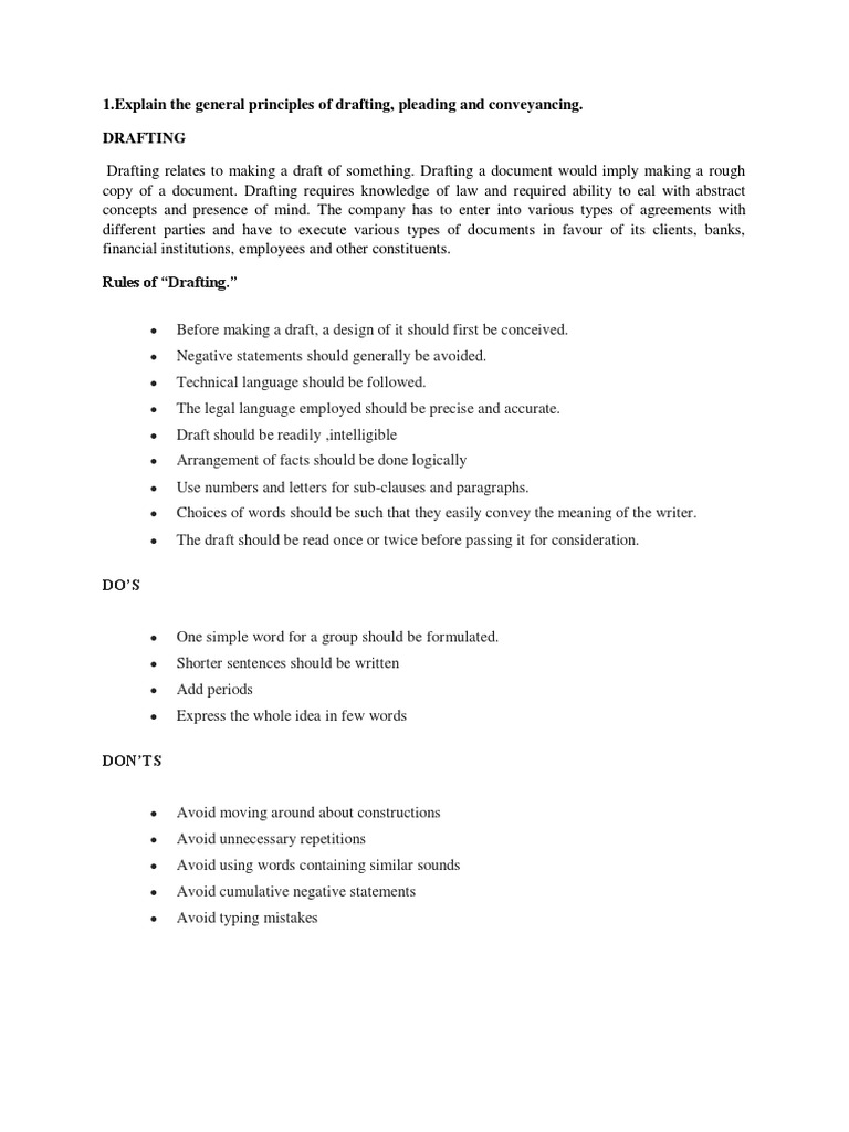 1.explain The General Principles of Drafting, Pleading and Conveyancing. Drafting | PDF ...