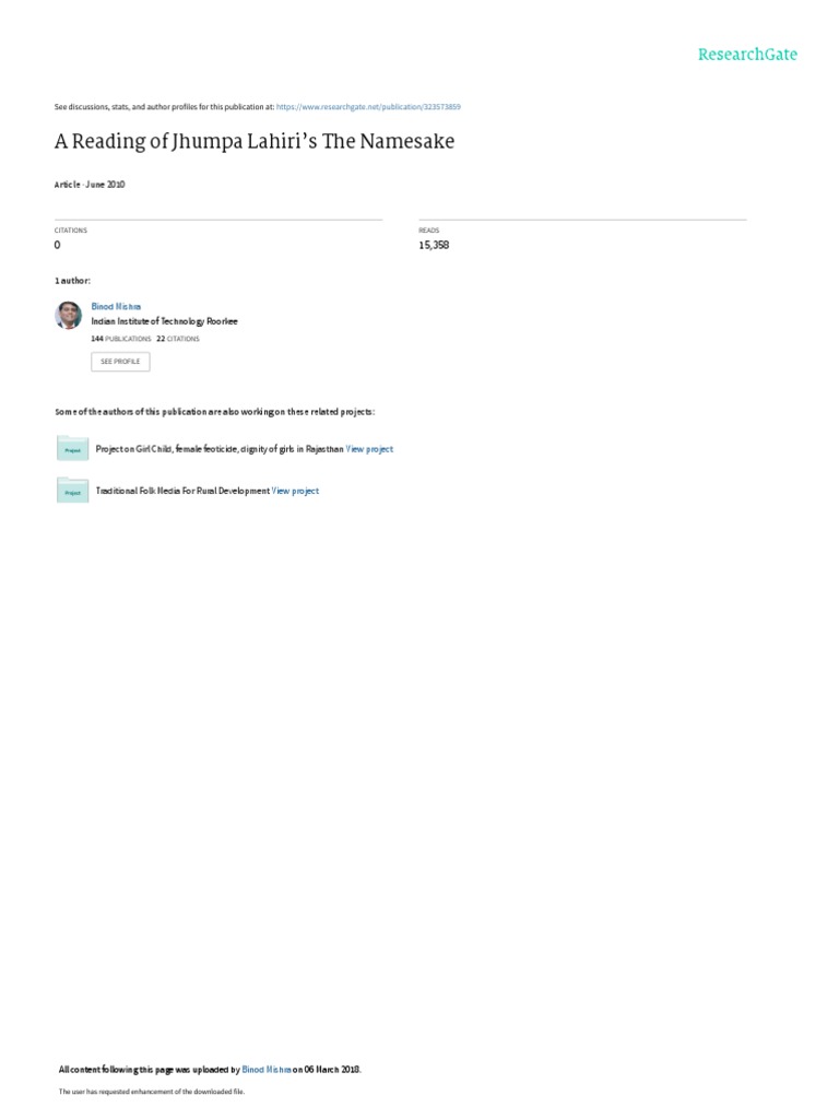 A Reading of Jhumpa Lahiri S The Namesak | PDF