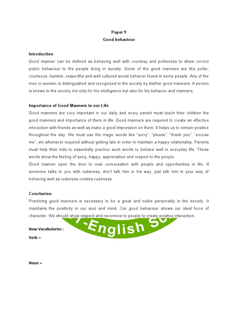 Paper 9 Good Behaviour: New Vocabularies: Verb | PDF | Etiquette | Behavior