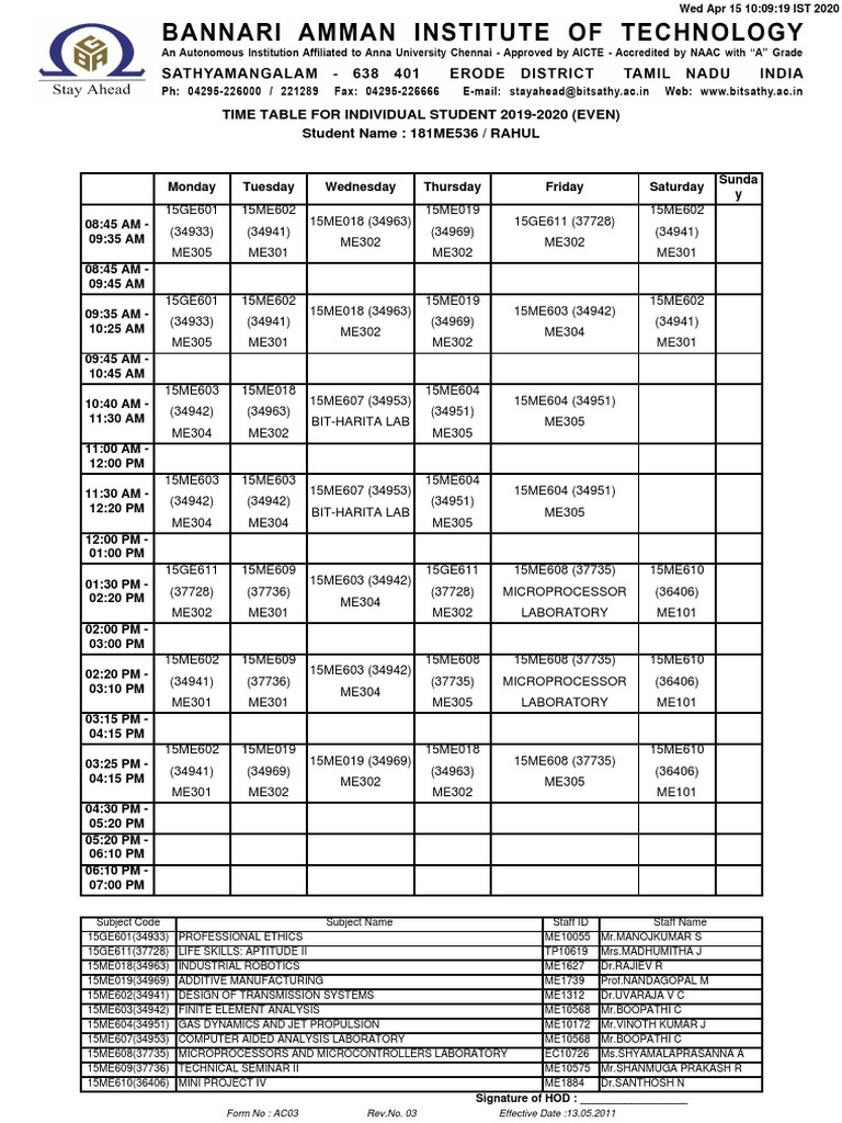 Time Table For Individual Student 2019-2020 (Even) Student Name ...