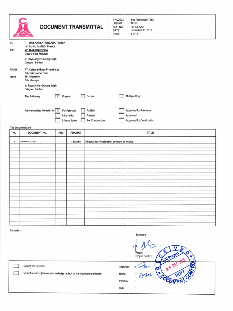 Invoice Transmittal to PT Cahaya Hidup | PDF | Receipt | Document