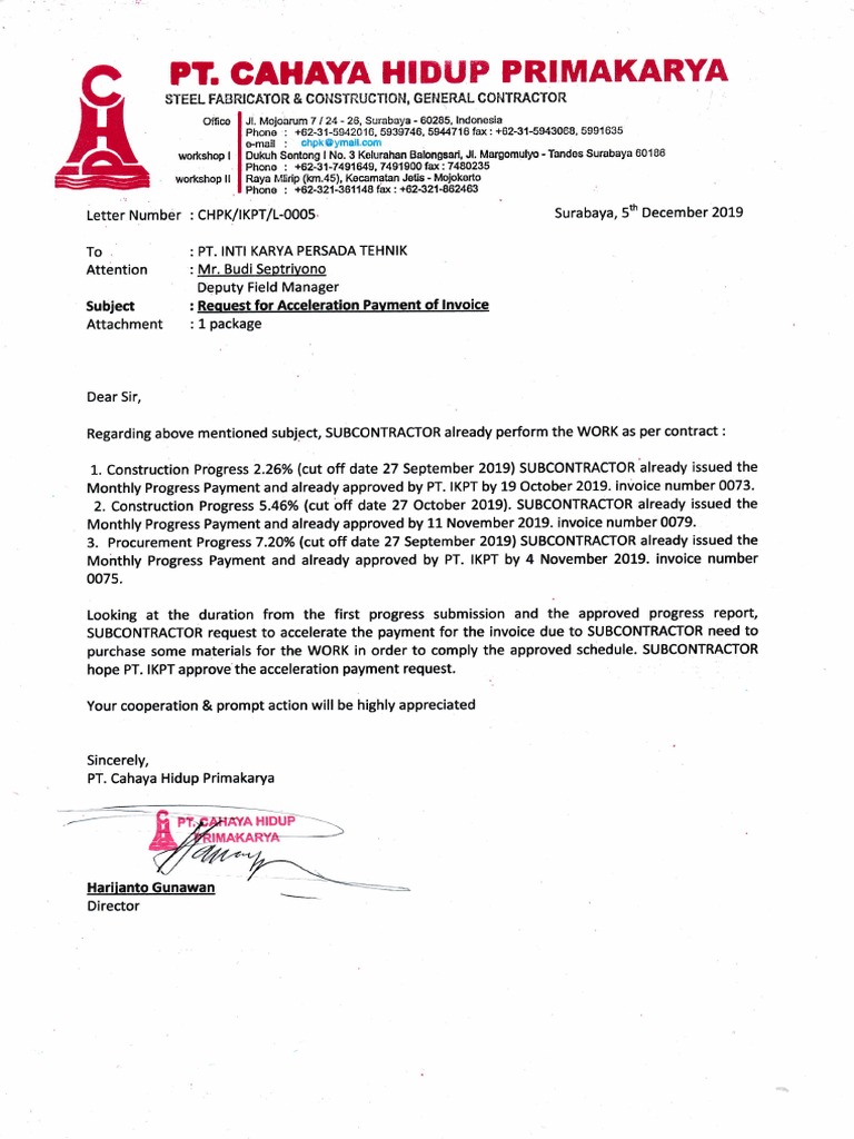 Acceleration Letter of PT Cahaya Hidup Primakarya | PDF