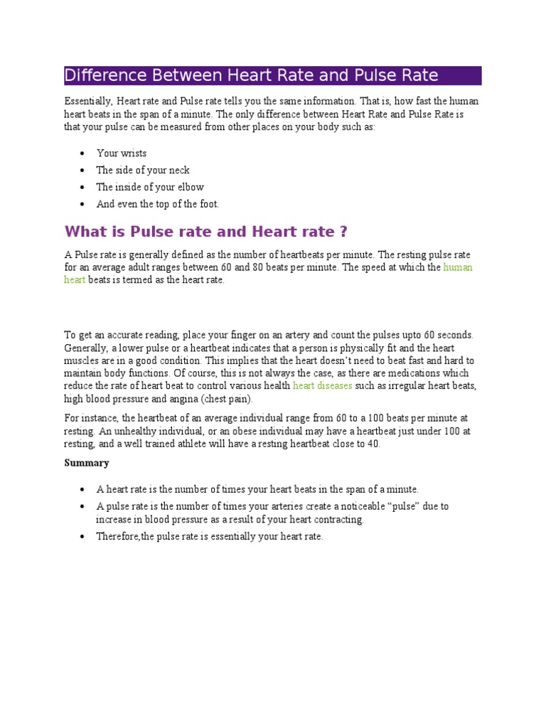 Difference Between Heart Rate and Pulse Rate | PDF