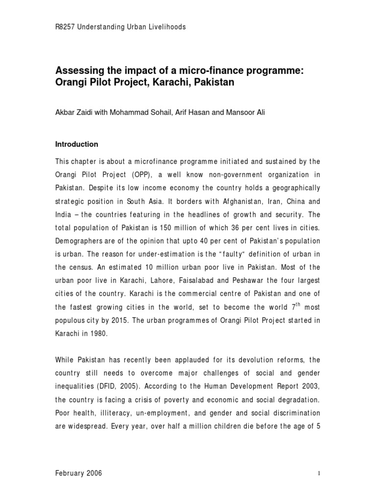 Assessing The Impact of A Micro-Finance Programme: Orangi Pilot Project ...