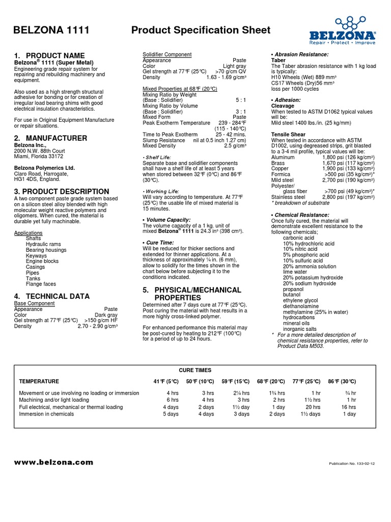 BELZONA 1111 Product Specification Sheet | PDF | Materials | Materials Science