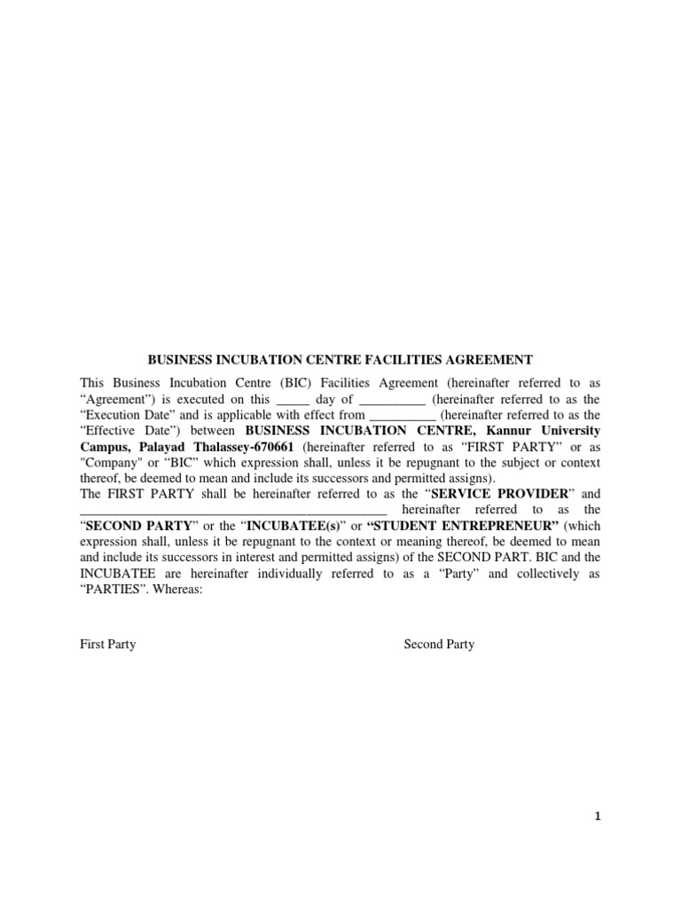 Business Incubation Centre Facilities Agreement | PDF | Business Incubator | Employment