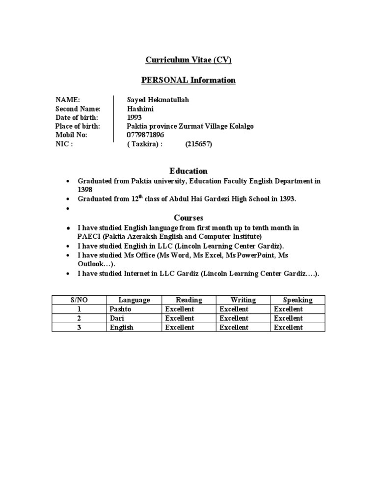 Curriculum Vitae (CV) PERSONAL Information | PDF