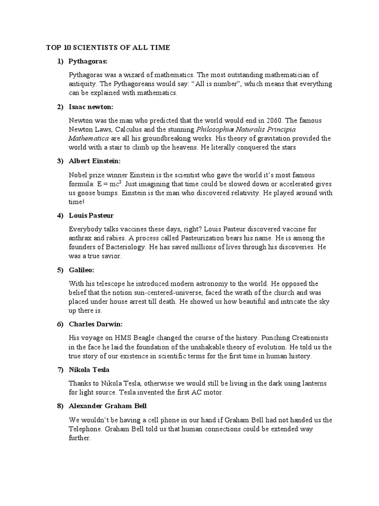 Top 10 Scientists of All Time 1) Pythagoras | PDF | Isaac Newton ...