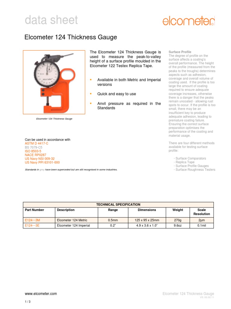 Data Sheet: Elcometer 124 Thickness Gauge | PDF | Surface Roughness ...